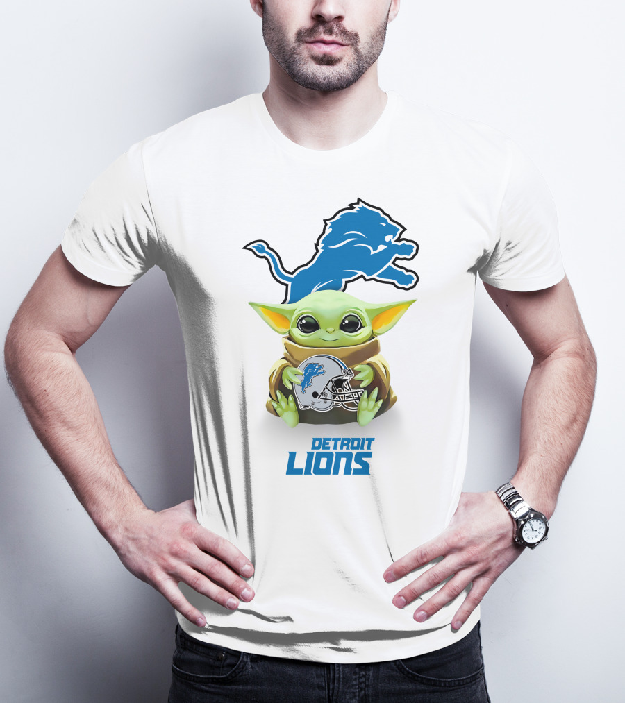 Baby Yoda Holding Detroit Lions Helmet With Team T-Shirt