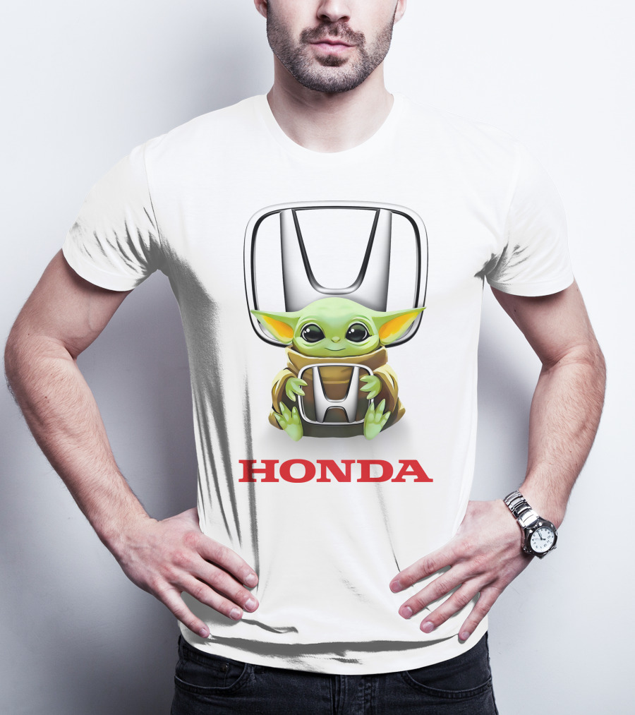 Baby Yoda Embrace With Honda Logo On White T-Shirt