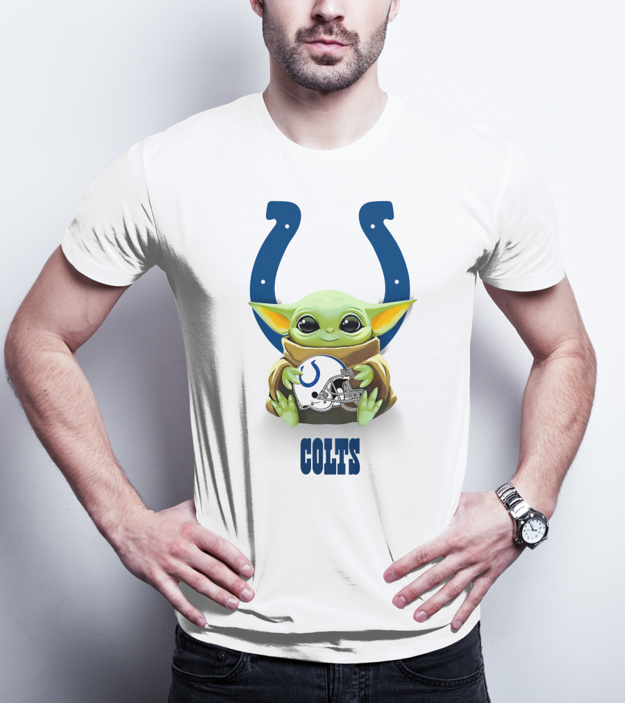 Baby Yoda Colts Helmet Hug With Indianapolis T-Shirt