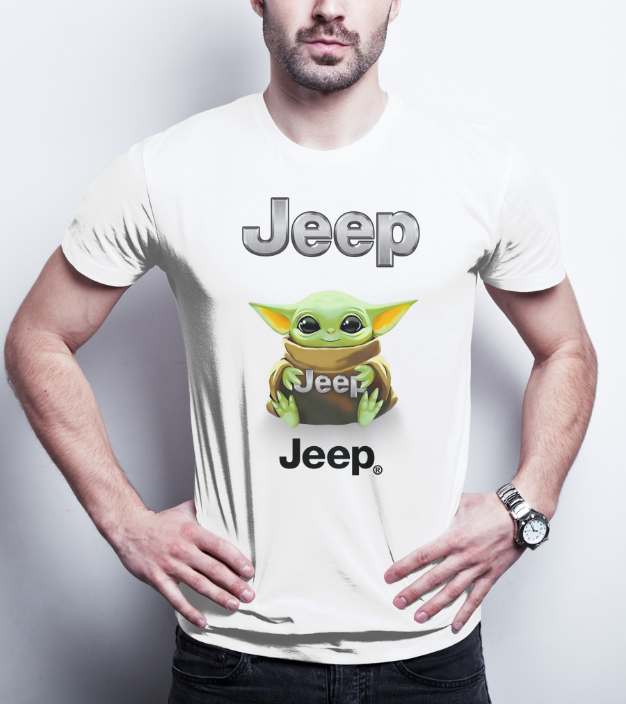 Baby Yoda Holding Jeep Logo With White T-Shirt