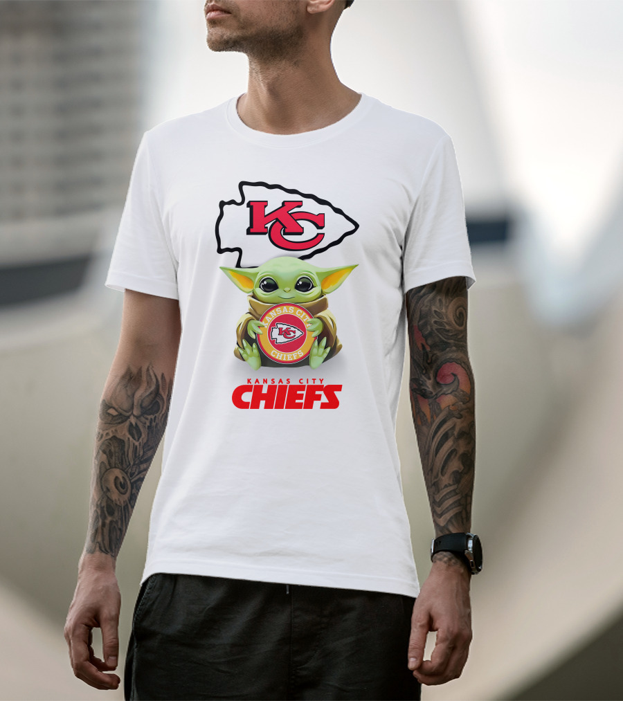 Baby Yoda With Kansas City Chiefs Kc Emblem And Chiefs T-Shirt