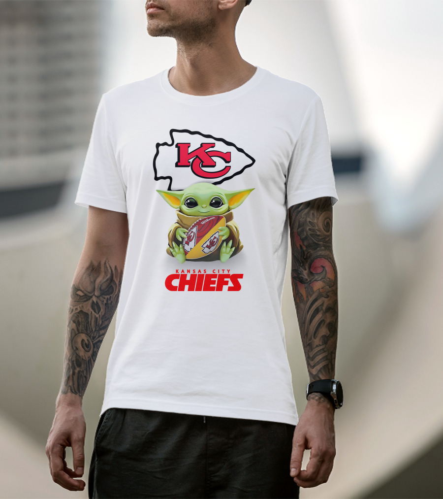 Baby Yoda Hugging Football Kansas City Chiefs Kc T-Shirt