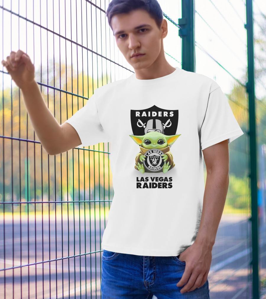Baby Yoda Holding Las Vegas Raiders Emblem With Team Logo And Name T-Shirt
