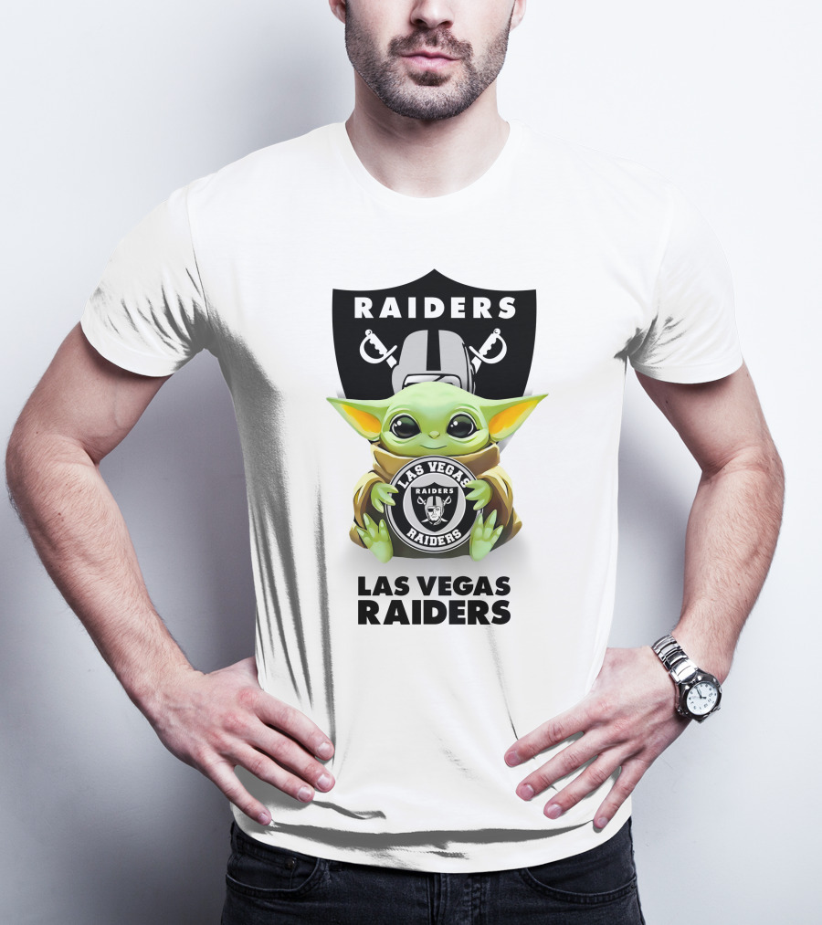 Baby Yoda Holding Las Vegas Raiders Emblem With Team Logo And Name T-Shirt