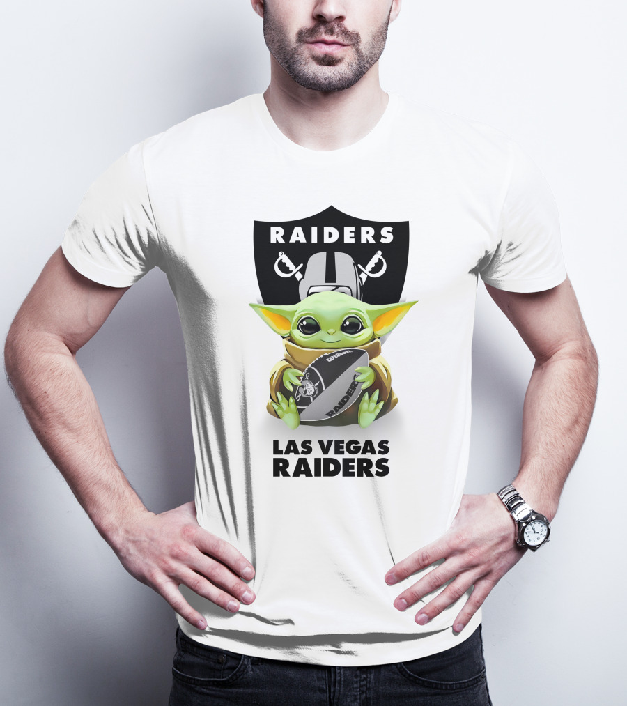 Baby Yoda Hugging Las Vegas Raiders Football Logo Fan Tailgate White T-Shirt