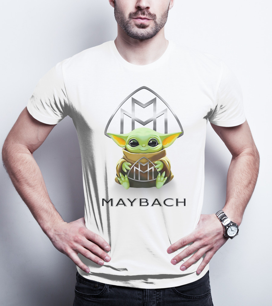 Baby Yoda Holding Maybach Emblem In White T-Shirt