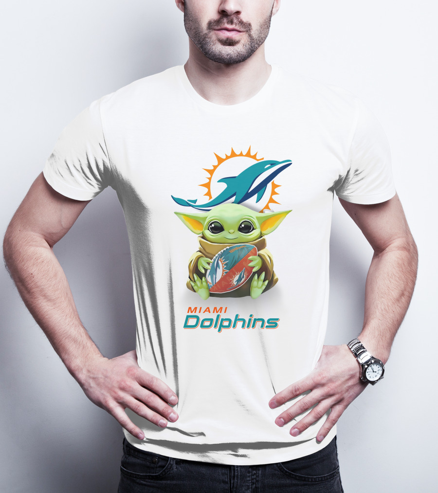 Baby Yoda With Miami Dolphins Logo And Football T-Shirt