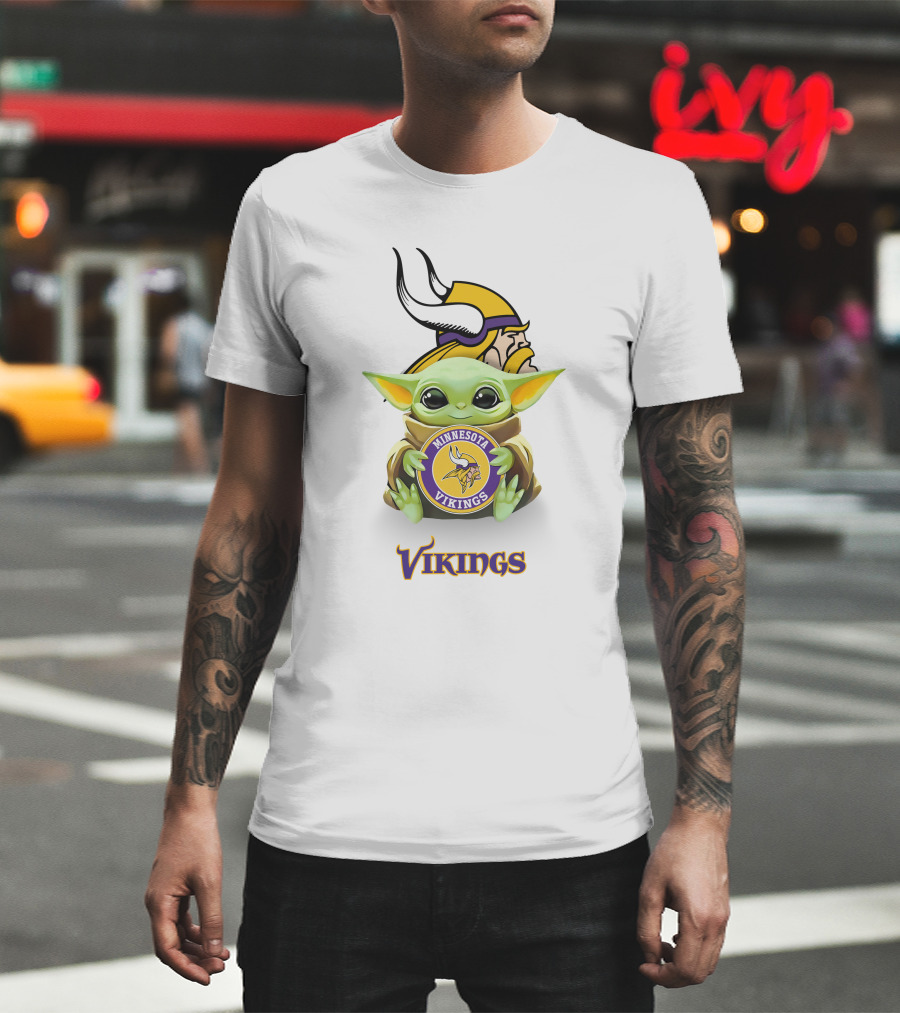 Baby Yoda Minnesota Vikings Vikings Logo White T-Shirt