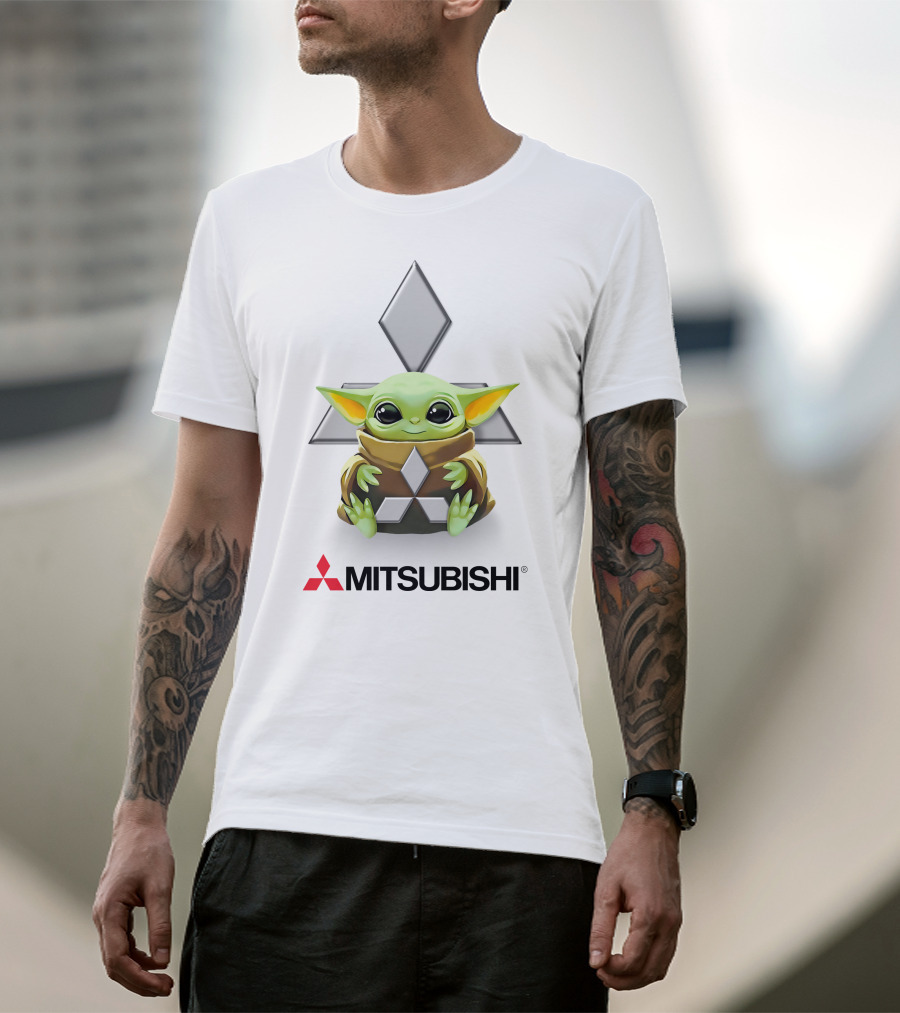 Baby Yoda Hug Mitsubishi Logo White T-Shirt