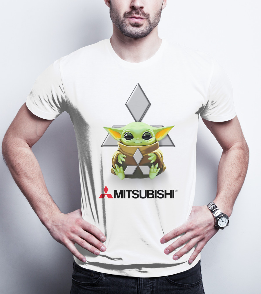 Baby Yoda Hug Mitsubishi Logo White T-Shirt