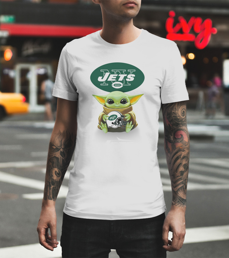 Baby Yoda Holding New York Jets Football Helmet With Jets T-Shirt