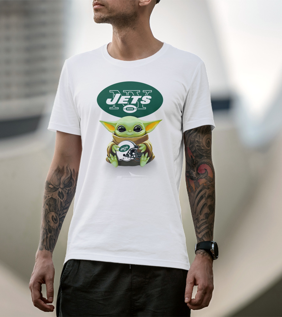 Baby Yoda Holding New York Jets Football Helmet With Jets T-Shirt