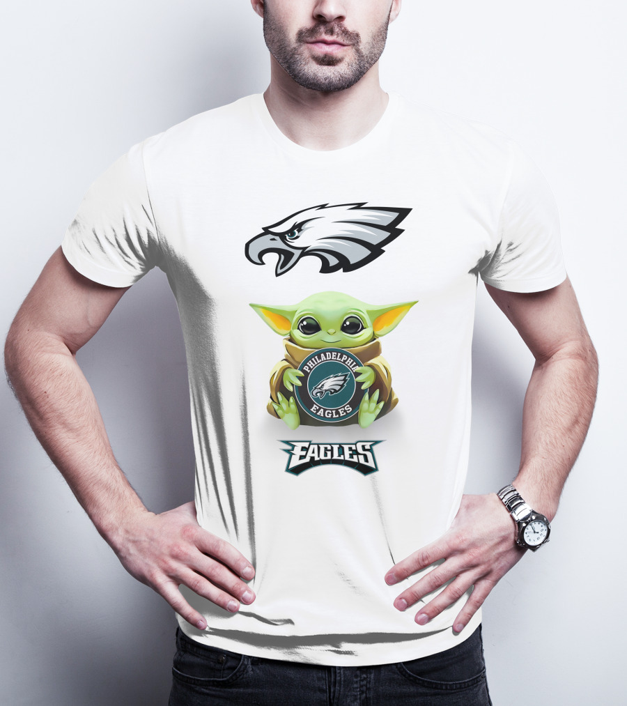 Baby Yoda Holding Philadelphia Eagles Logo Emblem With Eagles Mascot Artwork T-Shirt