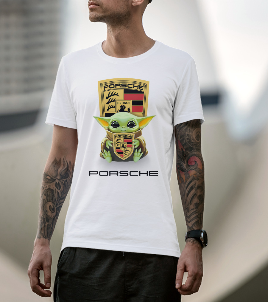 Baby Yoda Holding Stuttgart Porsche Crest T-Shirt