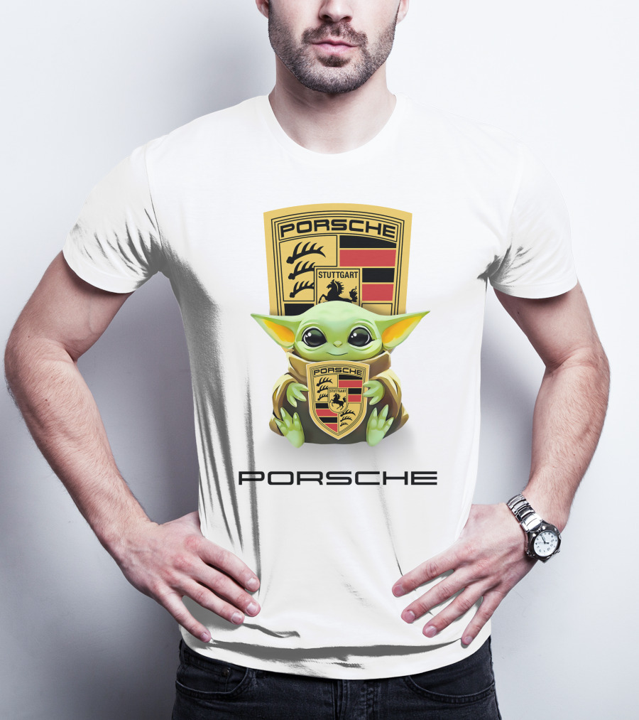 Baby Yoda Holding Stuttgart Porsche Crest T-Shirt