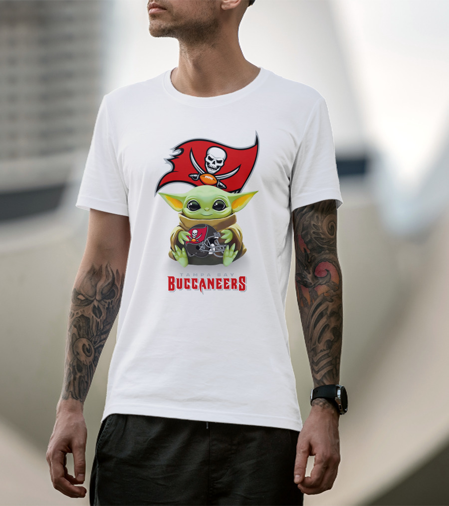 Baby Yoda Holding Tampa Bay Buccaneers Football Helmet T-Shirt