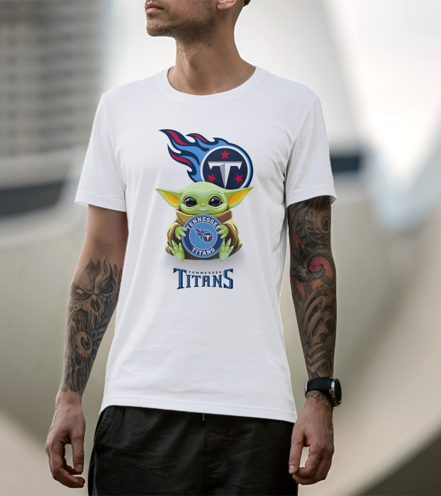 Baby Yoda Holding Tennessee Titans Emblem With Logo White T-Shirt