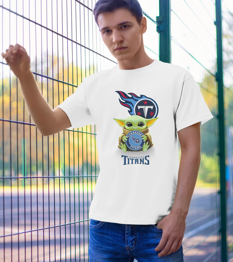 Baby Yoda Holding Tennessee Titans Emblem With Logo White T-Shirt