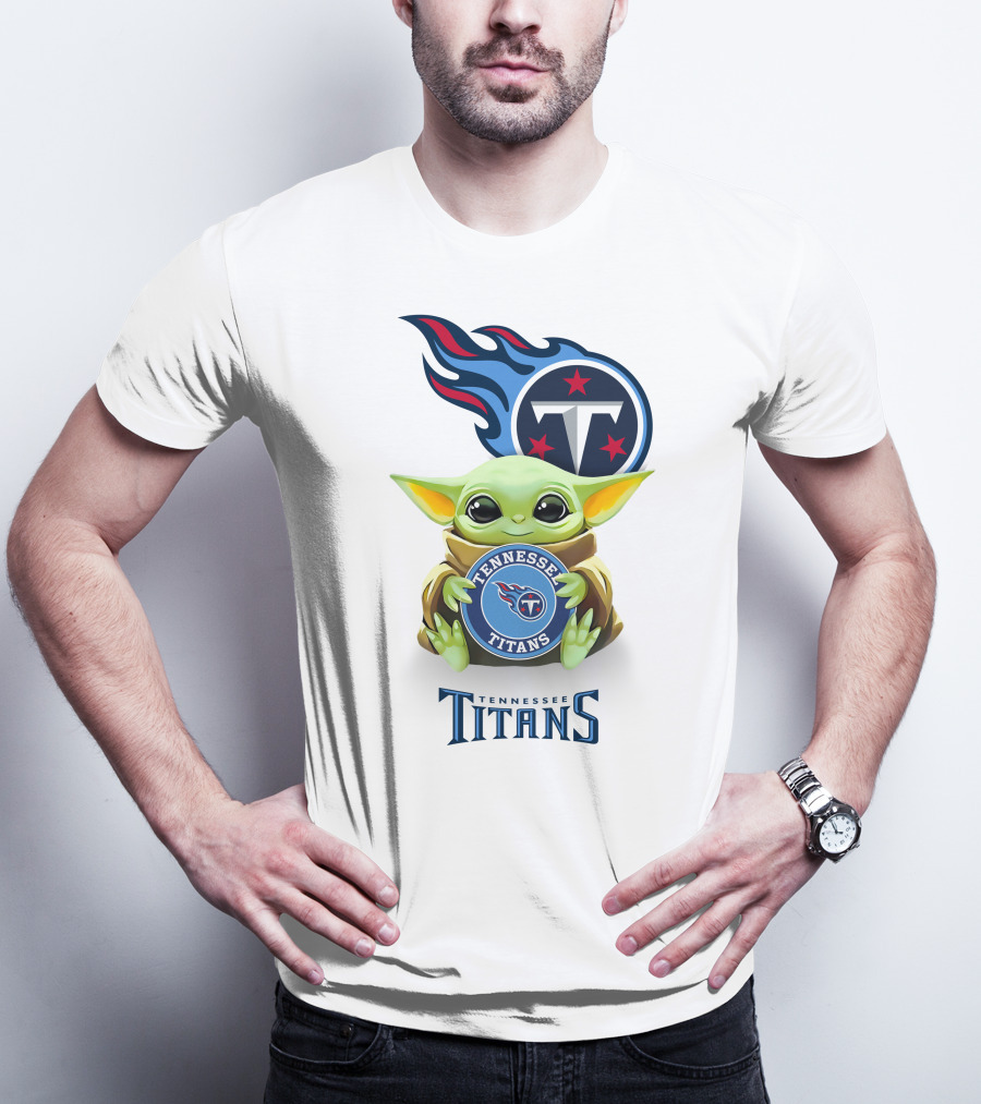 Baby Yoda Holding Tennessee Titans Emblem With Logo White T-Shirt