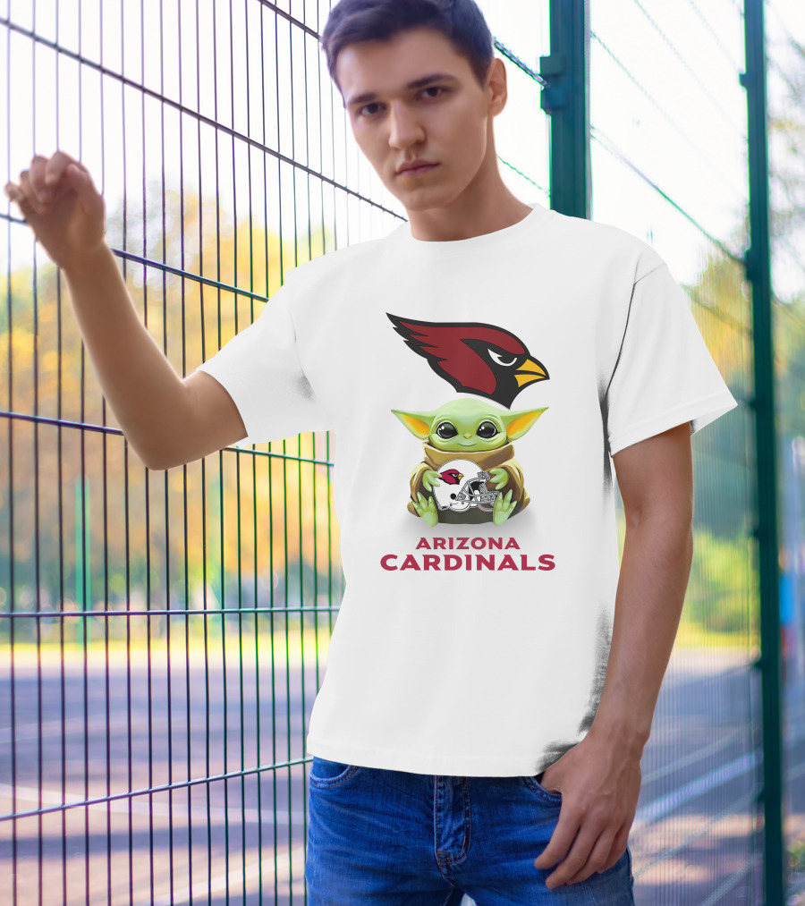Grogu Holding Arizona Cardinals Helmet With Team Logo And Name T-Shirt