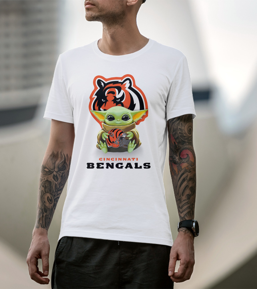 Grogu Holding Cincinnati Bengals Helmet With Team Logo And Colors T-Shirt
