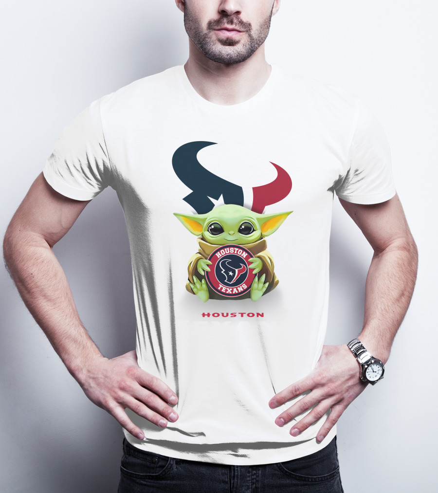 Grogu Holding Houston Texans Emblem With Oversized Logo Background T-Shirt