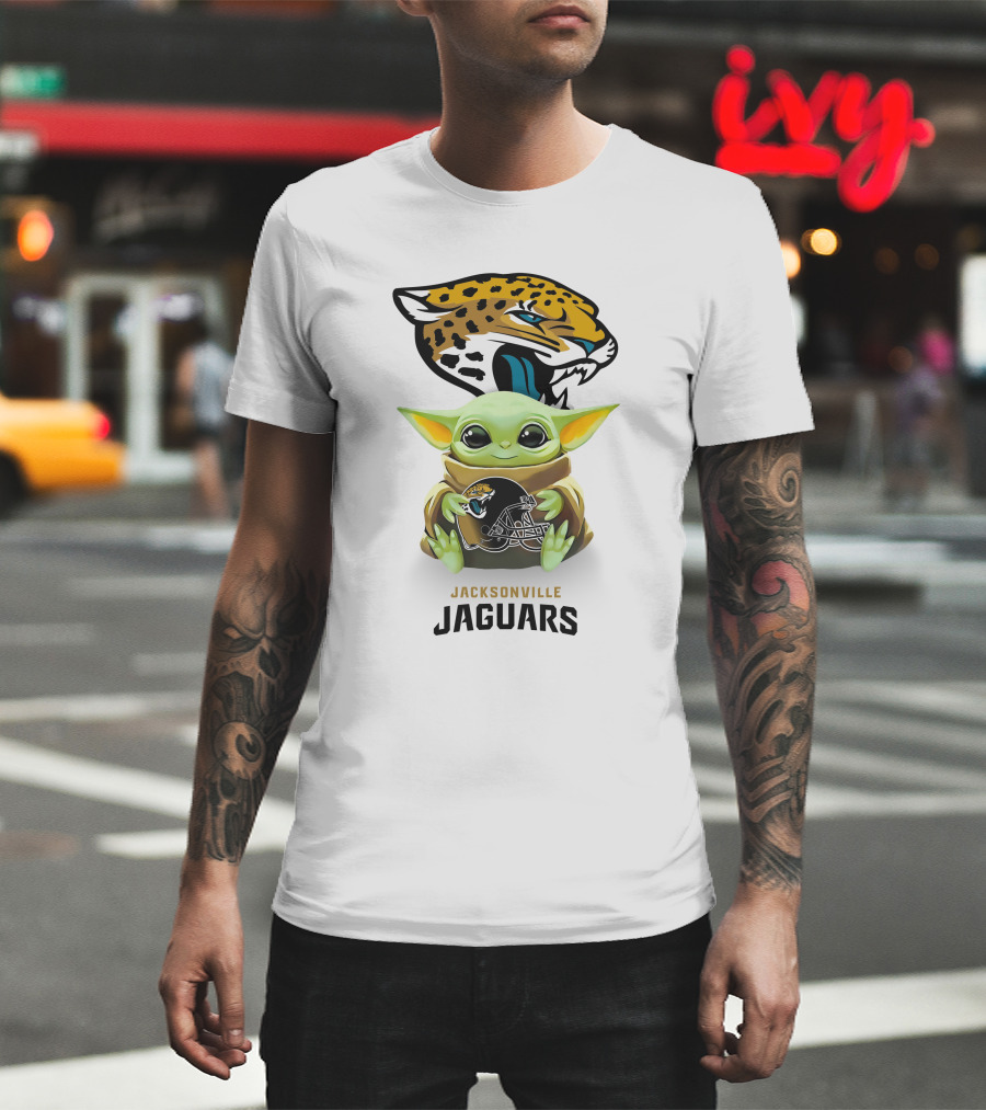 Grogu Holding Jacksonville Jaguars Logo Helmet Football Team Fan Merchandise T-Shirt