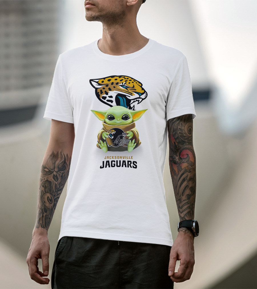 Grogu Holding Jacksonville Jaguars Logo Helmet Football Team Fan Merchandise T-Shirt
