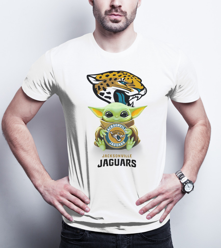 Grogu Holding Jacksonville Jaguars Badge With Mascot In Background T-Shirt