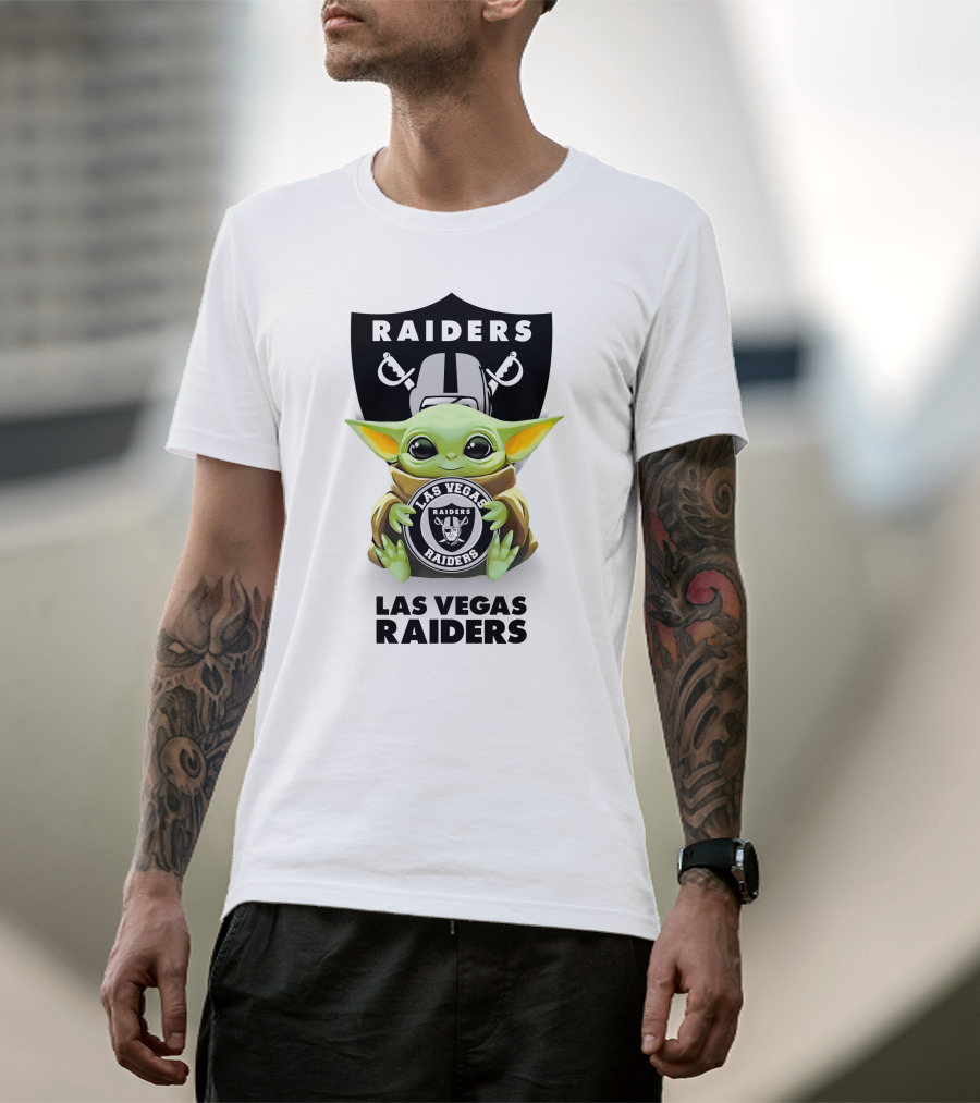 Grogu Holding Las Vegas Raiders Shield With Helmet And Swords T-Shirt