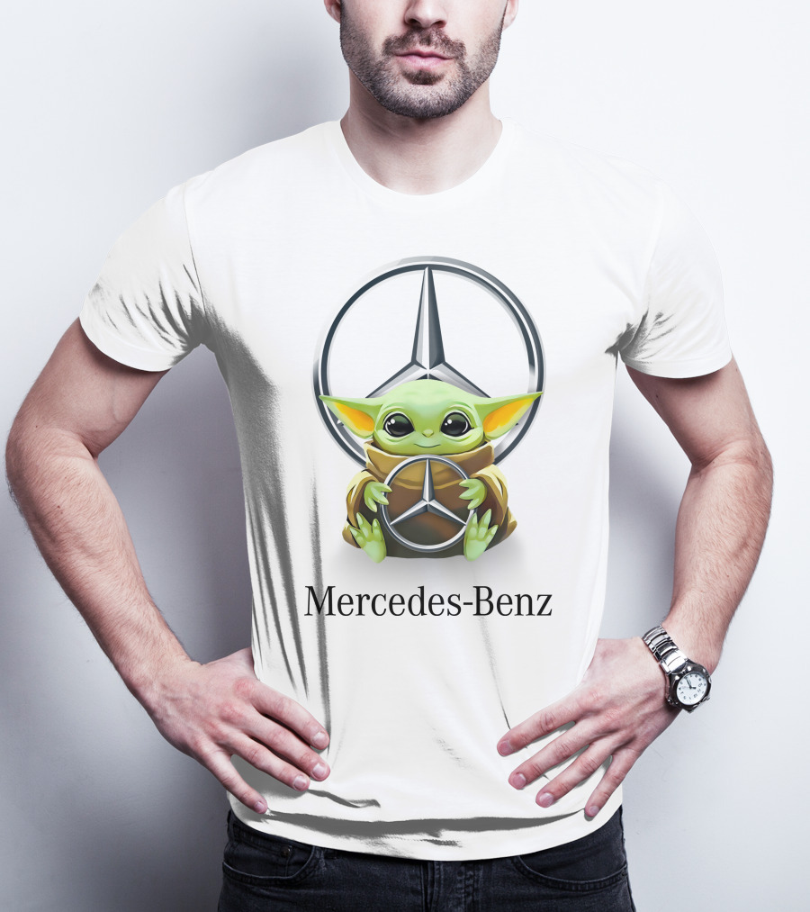 Grogu Holding Mercedes-Benz Logo In Front Of T-Shirt