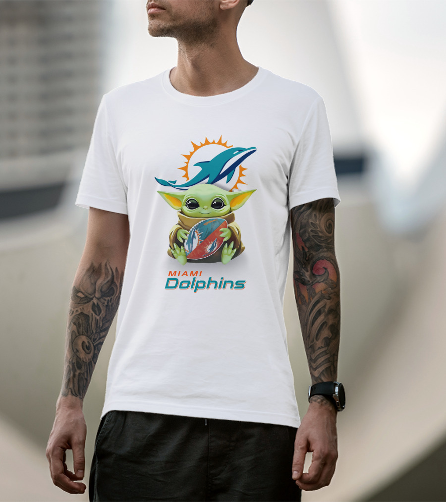 Grogu Holding Miami Dolphins Football T-Shirt