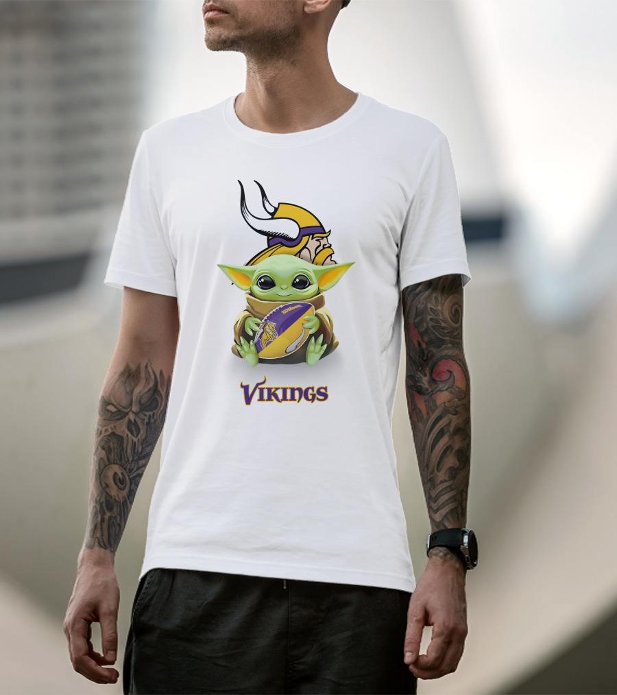 Grogu Holding Minnesota Vikings Football With Vikings T-Shirt