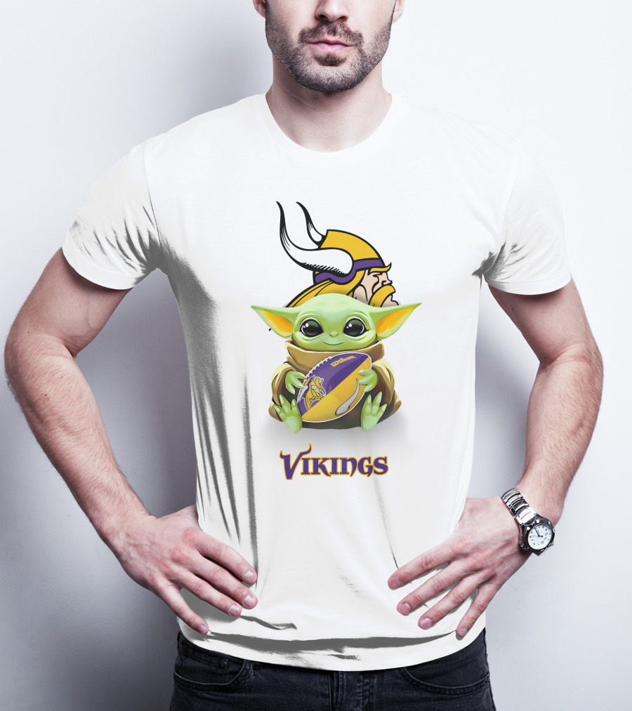 Grogu Holding Minnesota Vikings Football With Vikings T-Shirt
