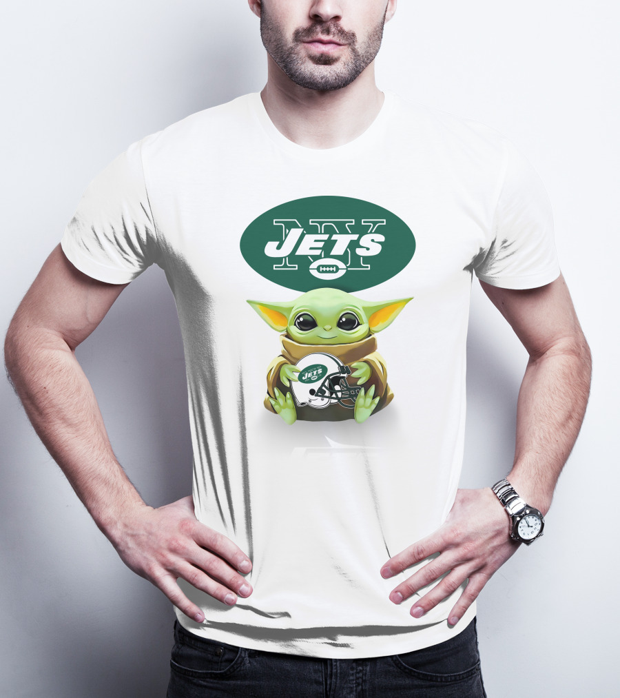 Grogu Holding New York Jets Football Helmet With Team T-Shirt
