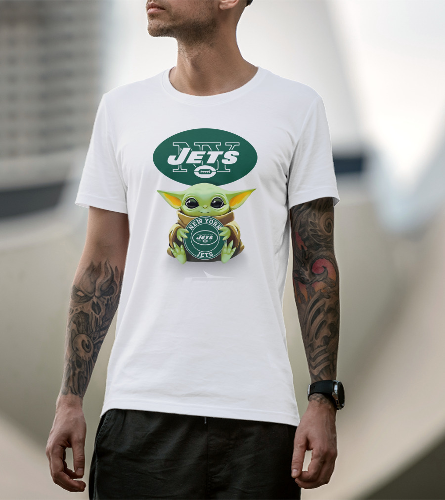 Grogu Holding New York Jets Emblem With NY Jets T-Shirt