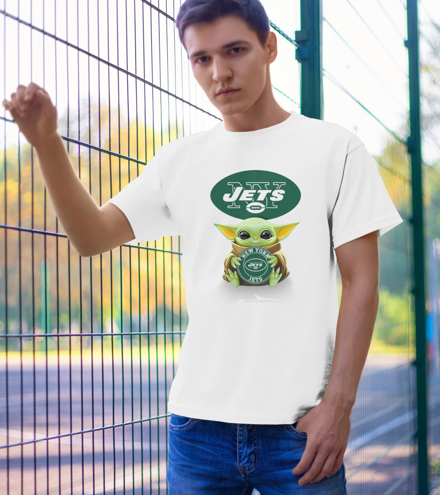 Grogu Holding New York Jets Emblem With NY Jets T-Shirt