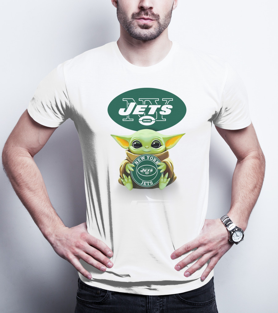 Grogu Holding New York Jets Emblem With NY Jets T-Shirt