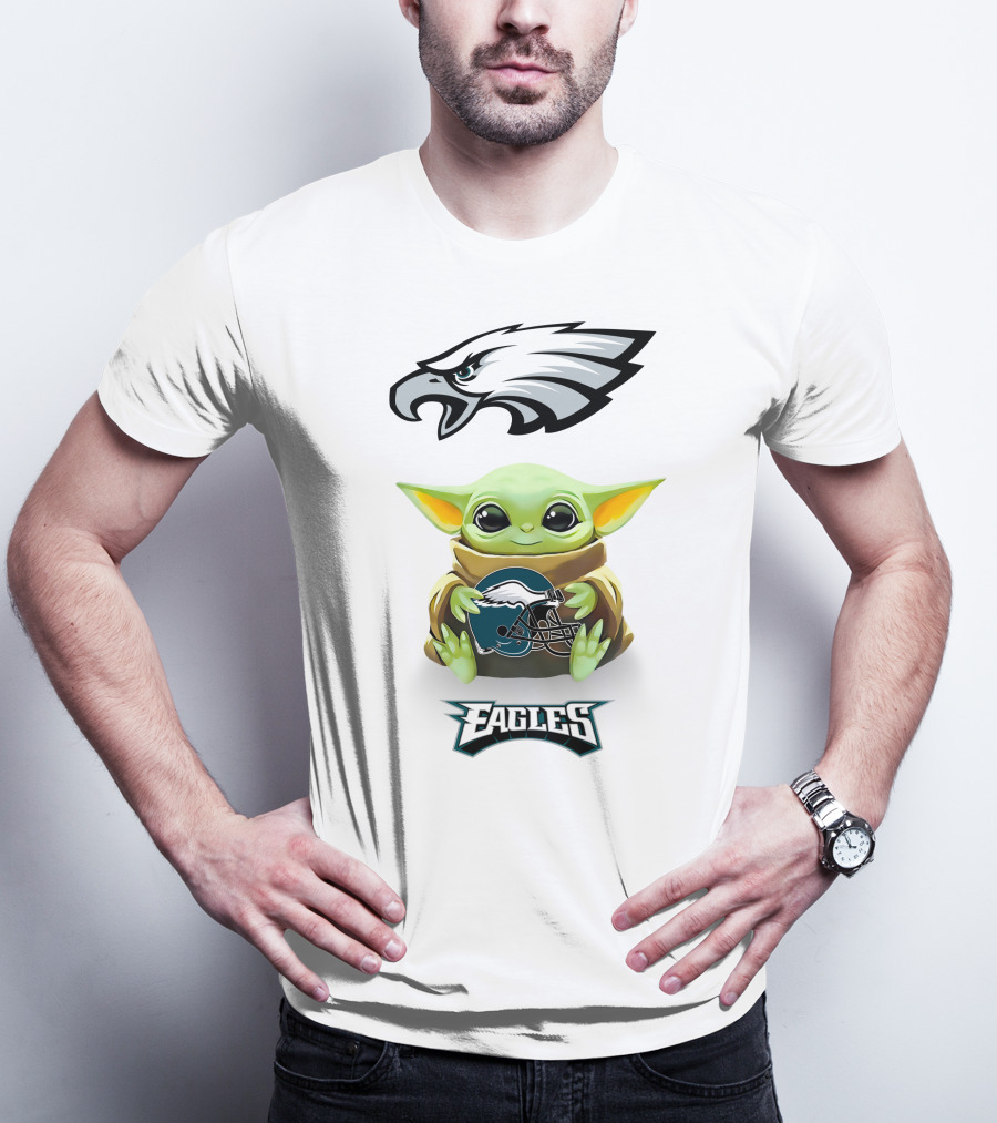 Grogu Hugging Philadelphia Eagles Helmet With Eagles T-Shirt