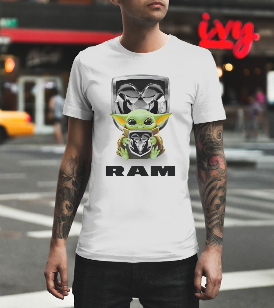 Grogu Hugging Ram Logo White T-Shirt