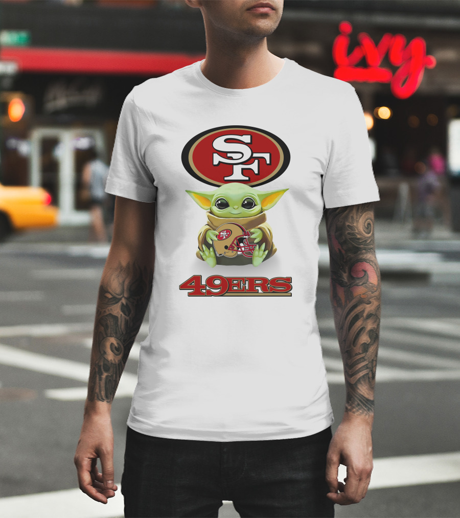 Grogu Hugging San Francisco 49ers SF Helmet Logo 49ers White T-Shirt