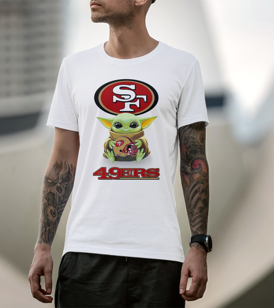 Grogu Hugging San Francisco 49ers SF Helmet Logo 49ers White T-Shirt
