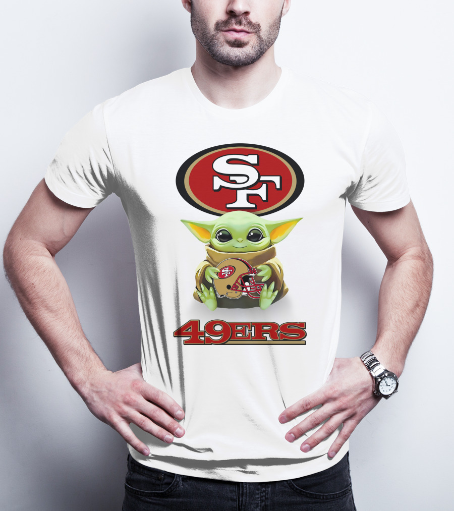 Grogu Hugging San Francisco 49ers SF Helmet Logo 49ers White T-Shirt