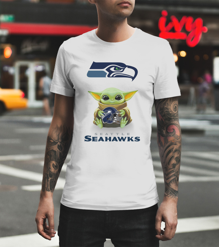 Grogu Holding Seattle Seahawks Helmet T-Shirt