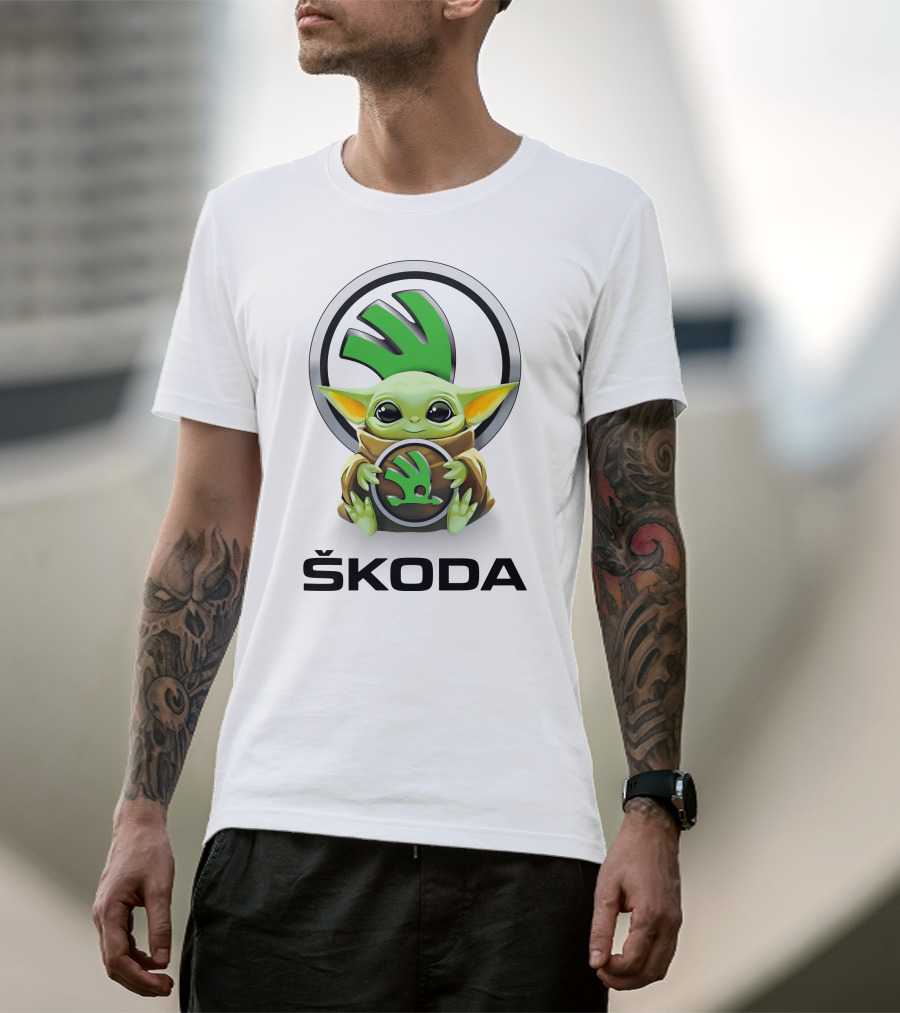 Grogu With Škoda Emblem Hugging Icon With White Background T-Shirt