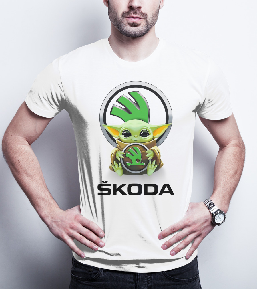 Grogu With Škoda Emblem Hugging Icon With White Background T-Shirt