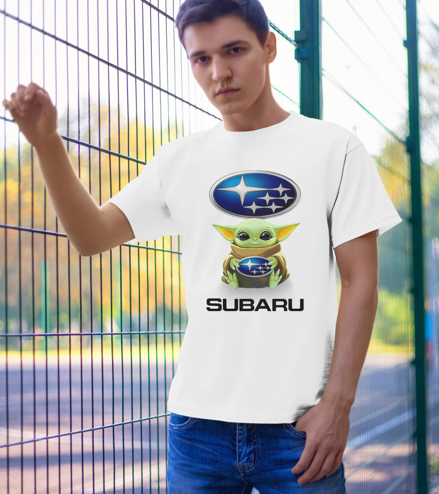 Grogu Holding Subaru Logo With Symbol And Text T-Shirt