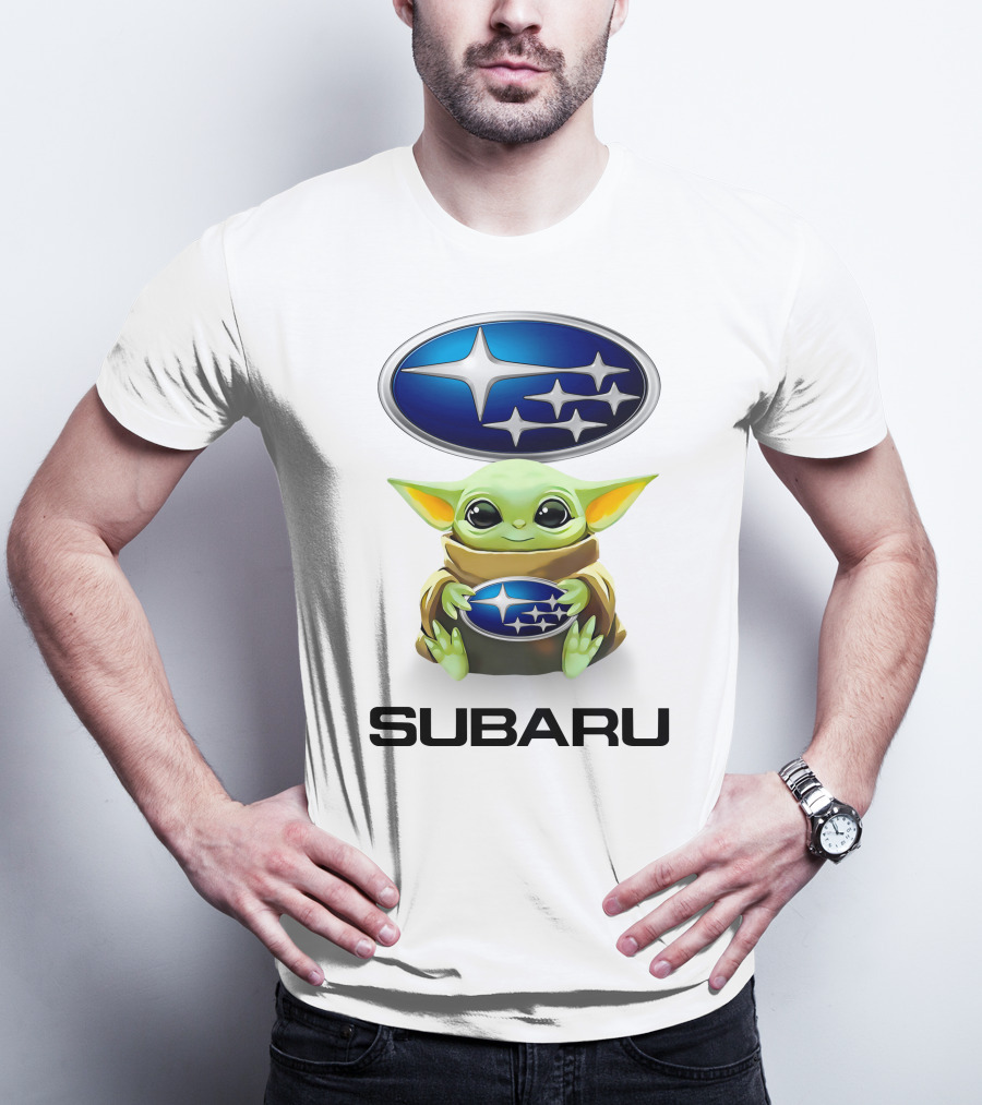 Grogu Holding Subaru Logo With Symbol And Text T-Shirt