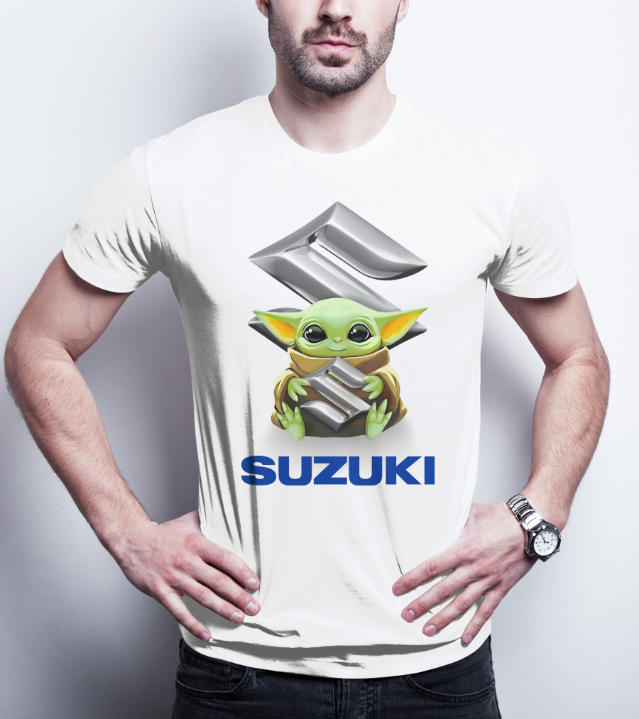 Grogu Hugging Suzuki Logo With Silver Emblem And Brown Cloak T-Shirt