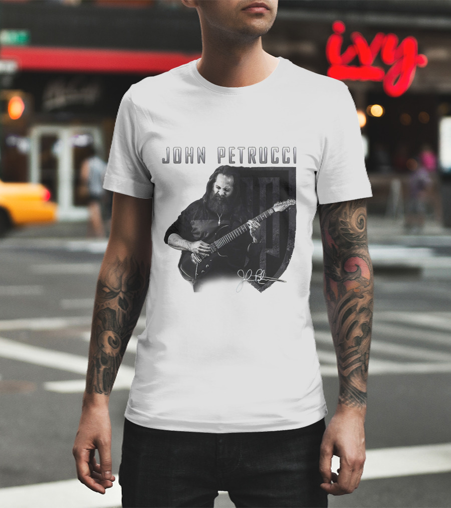 John Petrucci Guitarist Black And White Portrait With Signature T-Shirt